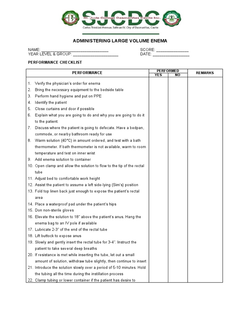 Enema Administration Checklist | PDF | Human Feces | Constipation