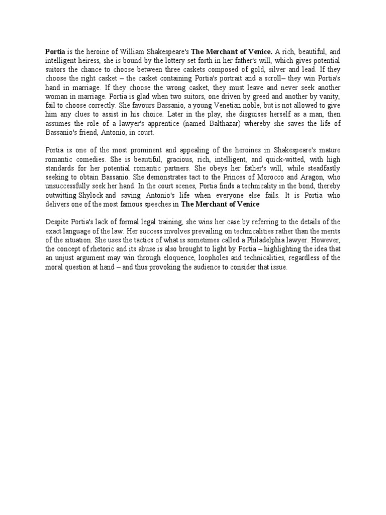 Portia Is The Heroine of William Shakespeare's The Merchant of Venice ...