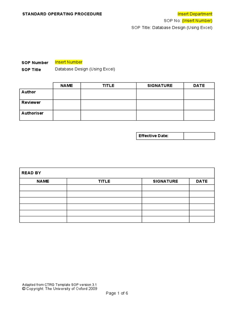 Insert Department SOP No: (Insert Number) SOP Title: Database Design (Using Excel) | PDF ...