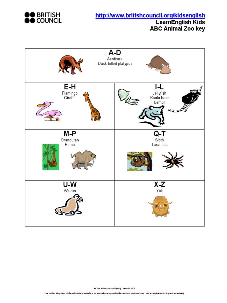 Learnenglish Kids Abc Animal Zoo Key: Aardvark Duck-Billed Platypus | PDF