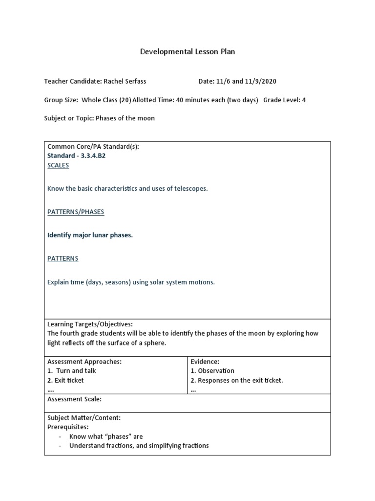 4th Grade Moon Phases Lesson Plan | PDF | Moon | Planetary Science