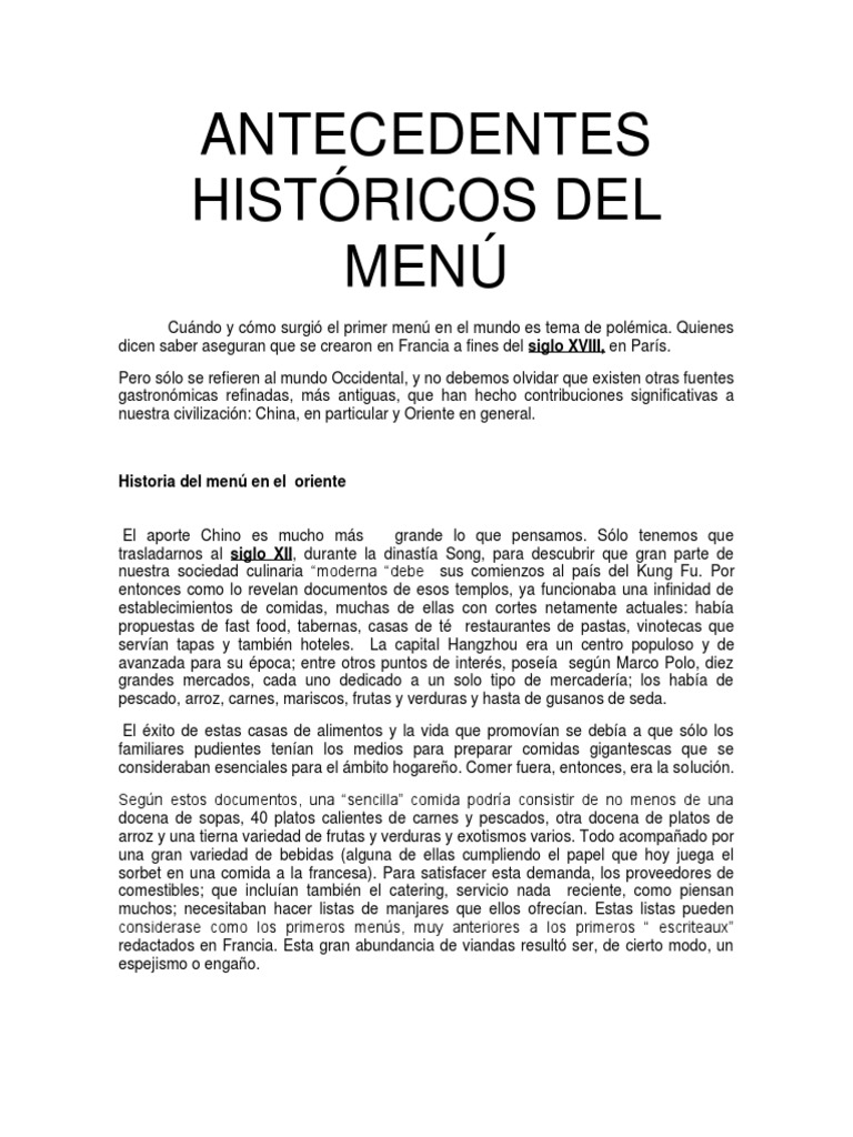 Historia del Menú: Orígenes y Evolución | PDF | Comida rápida | Alimentos