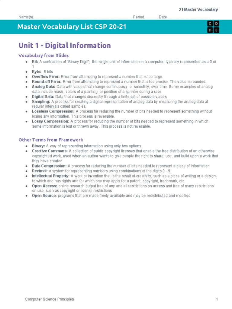 Unit 1 - Digital Information: Master Vocabulary List CSP 20-21 | PDF ...