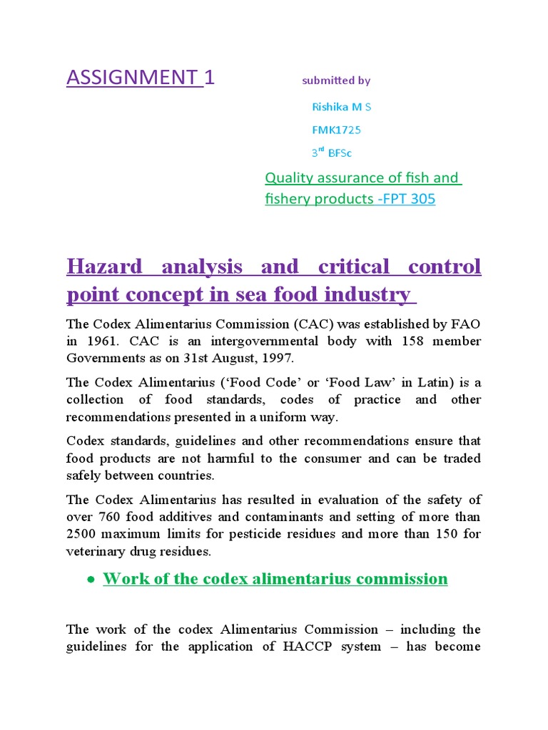Assignment 1: Hazard Analysis and Critical Control Point Concept in Sea ...