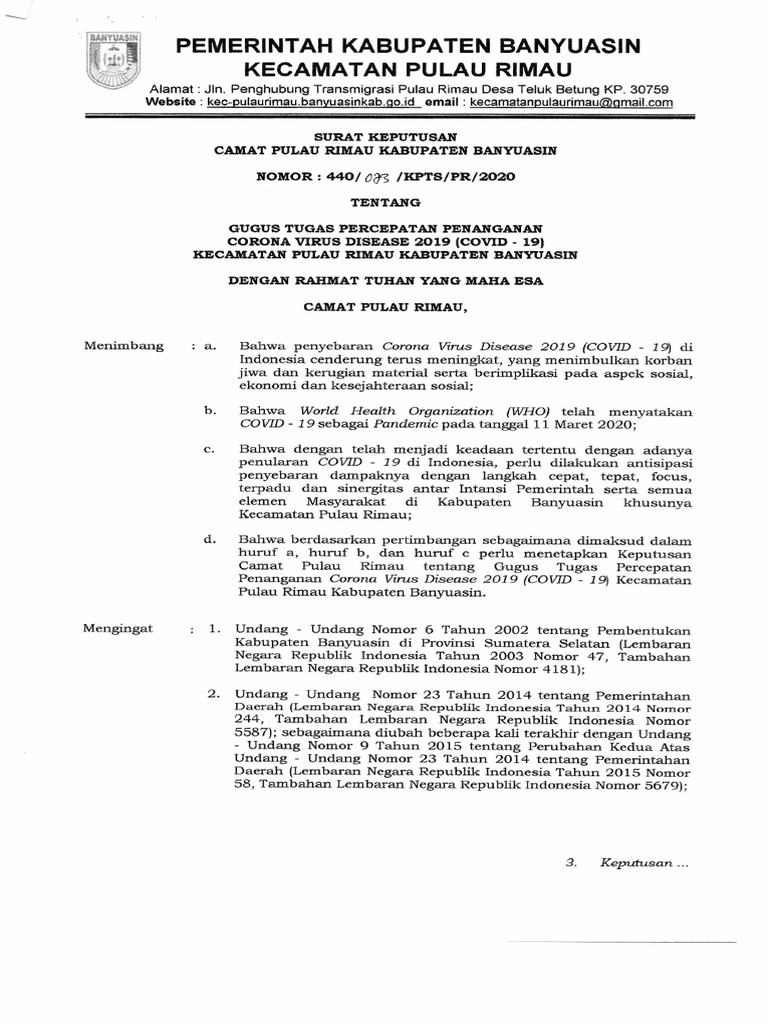 Sk Gugus Tugas Penanganan Covid 19 Kec Pulau Rimau Pdf