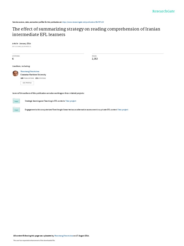 The Effect of Summarizing Strategy On Reading Comprehension of Iranian Intermediate EFL Learners ...