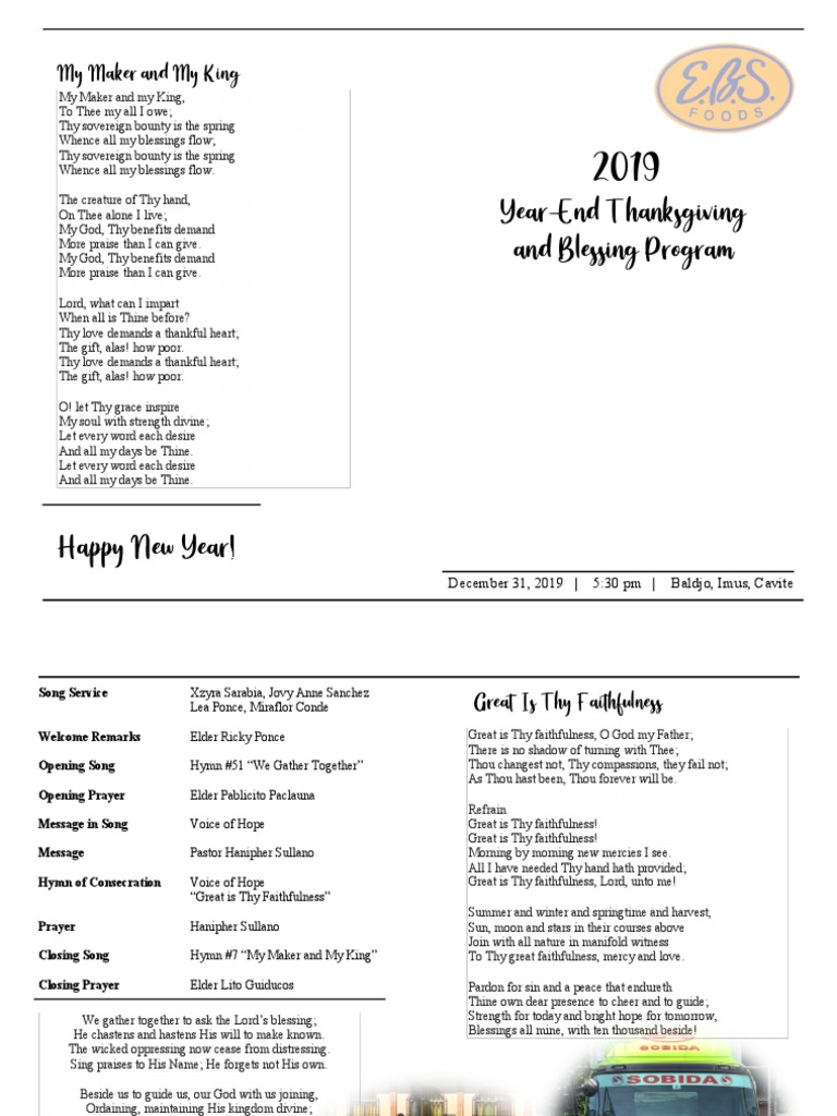 Year-End Thanksgiving and Blessing Program 2019: My Maker and My King ...