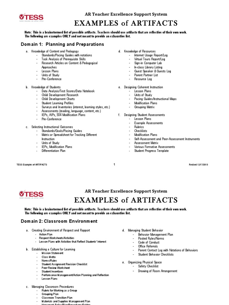 Examples of Artifacts: AR Teacher Excellence Support System | PDF
