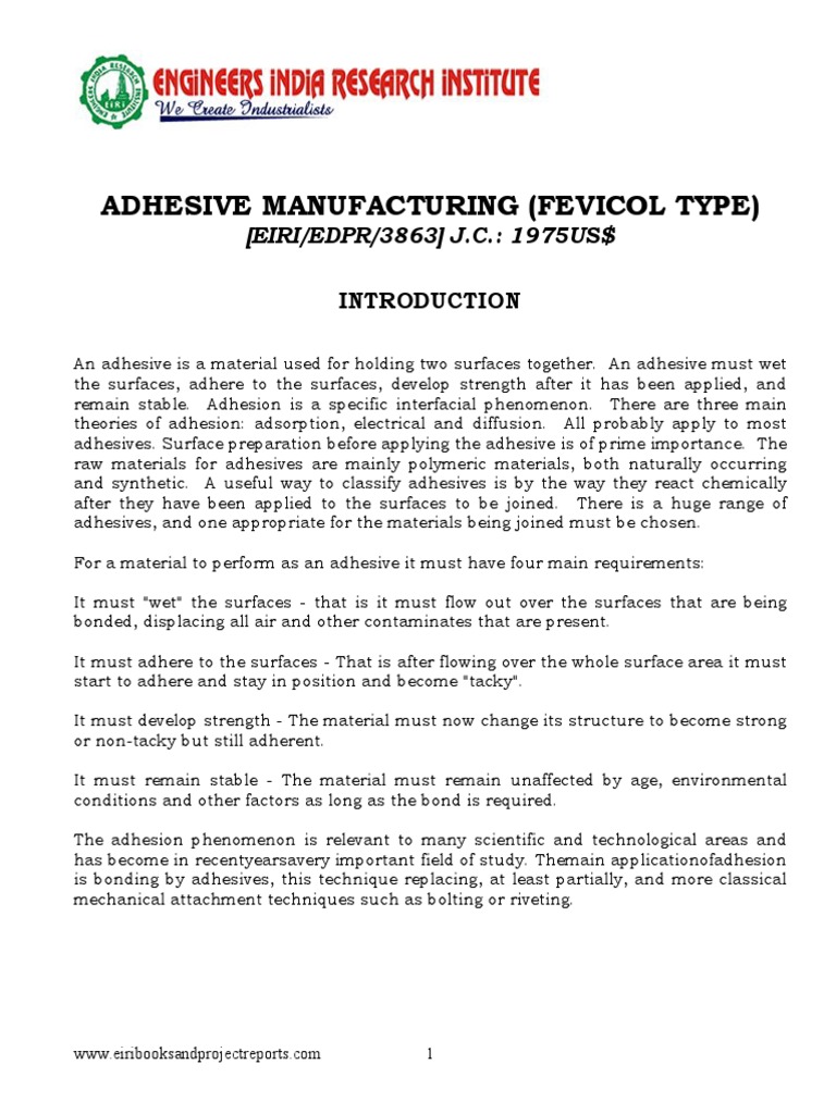 Project Report On Adhesive Manufacturing (Fevicol Type) | PDF ...
