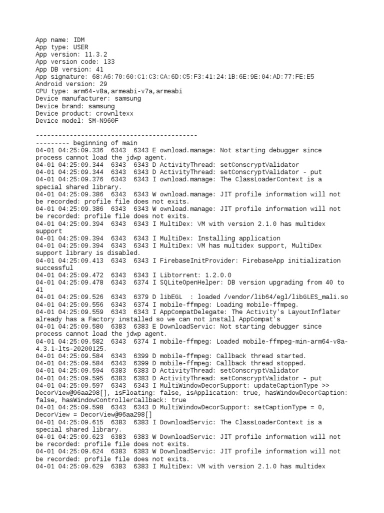 IDM App Log for Samsung SM-N960F | PDF | Mobile App | Java (Programming ...