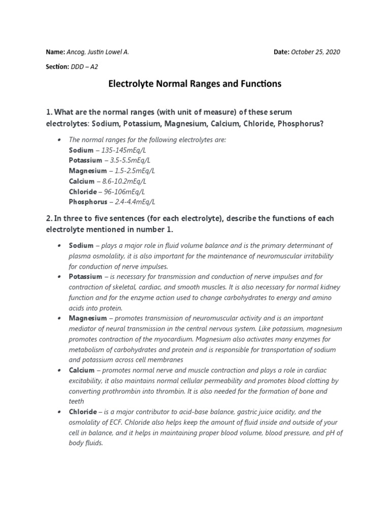 Electrolyte Normal Ranges and Functions | Download Free PDF ...