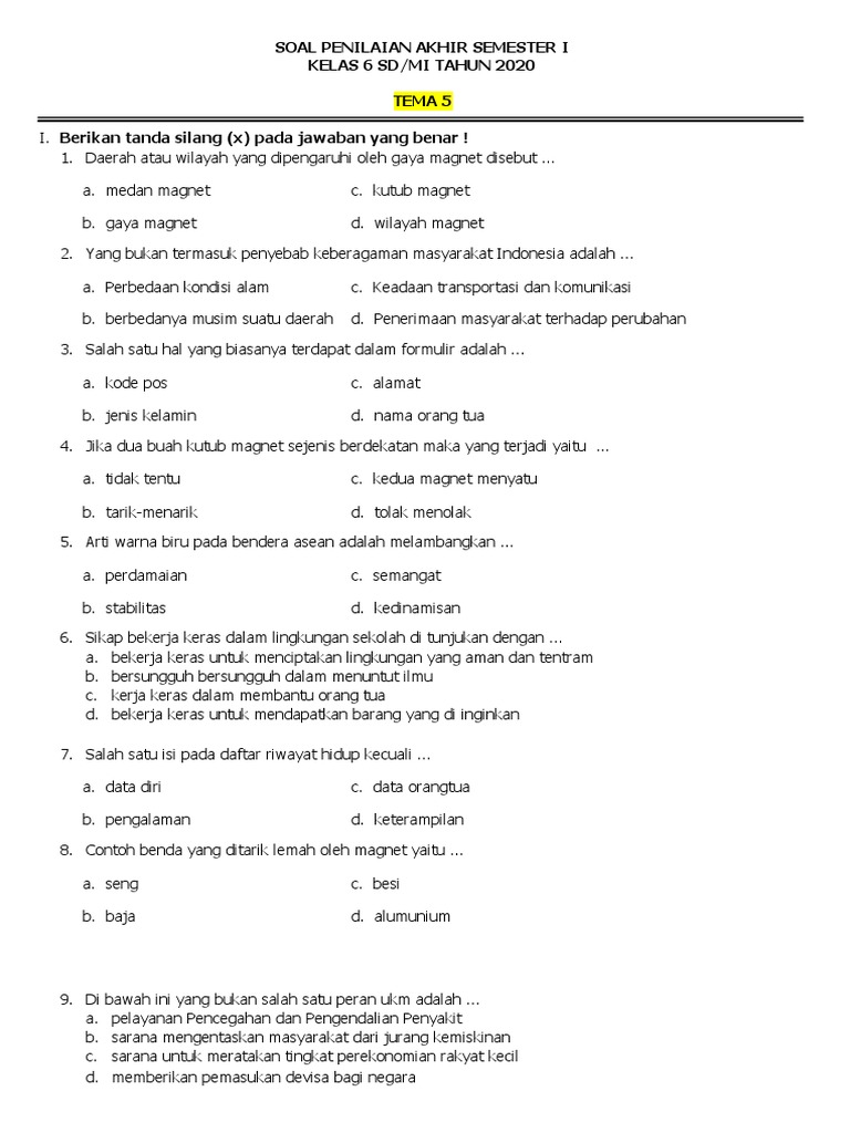 Soal PAS Kelas 6 Sem 1 Tema 5 - Kamimadrasah | PDF | Politik | Perjalanan