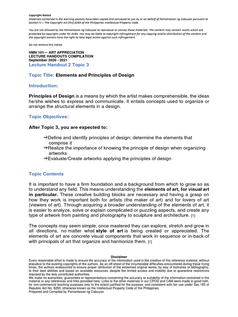 Lecture Handout 2 Topic 3 Topic Title:: Elements and Principles of ...