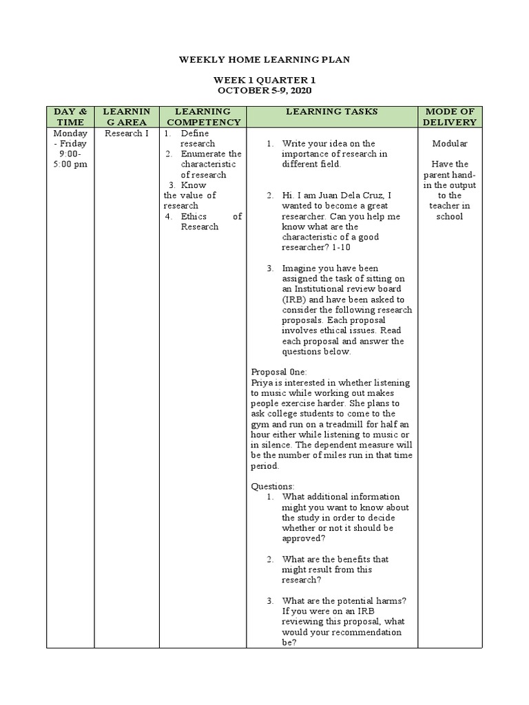 Weekly Home Learning Plan Week 1 Quarter 1 OCTOBER 5-9, 2020 Day & Time Learnin G Area Learning ...