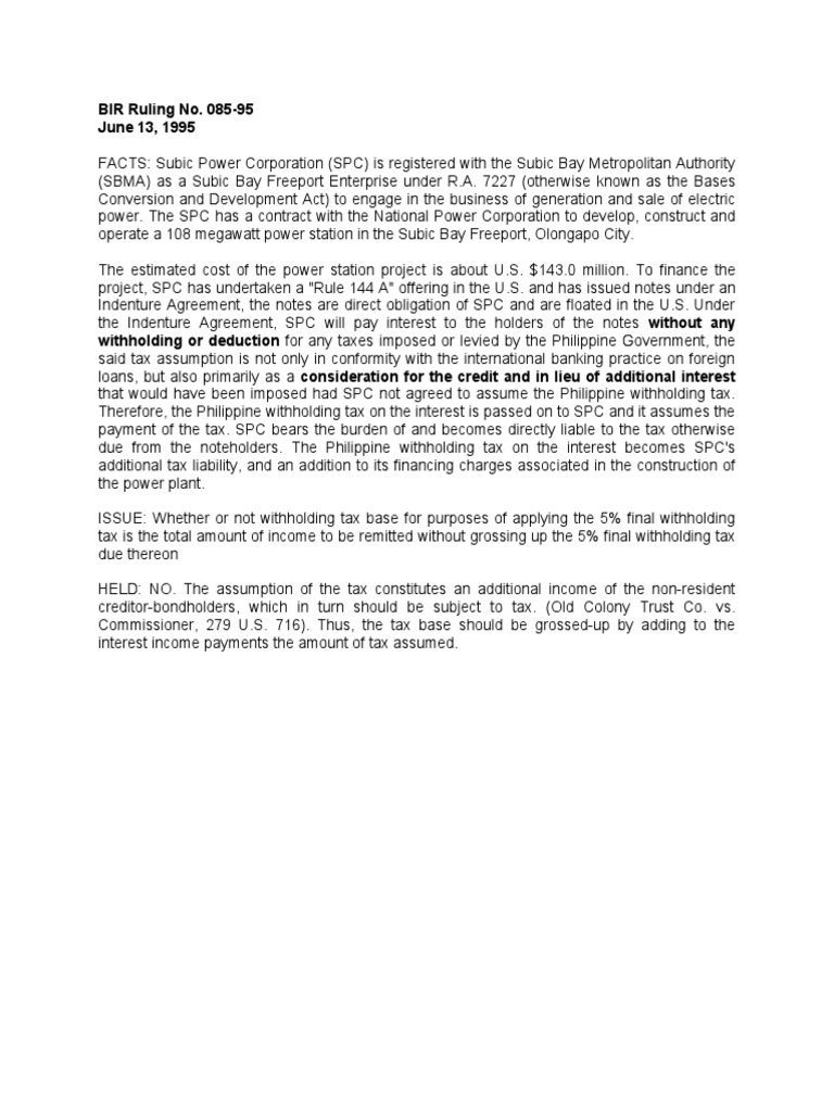 BIR Ruling on Withholding Tax Liability | PDF | Business | Finance ...