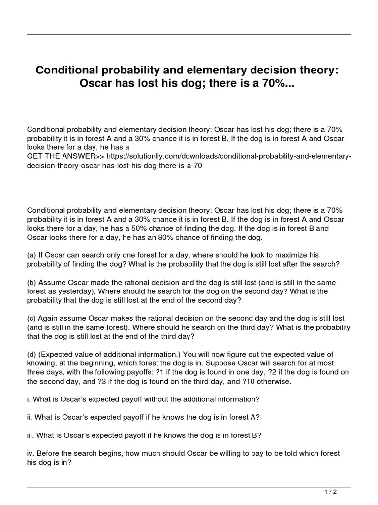 Conditional Probability and Elementary Decision Theory Oscar Has Lost His Dog There Is A 70 ...