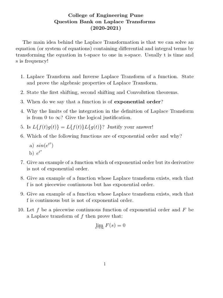 Question Bank On Laplace Transforms | PDF | Laplace Transform | Theoretical Physics
