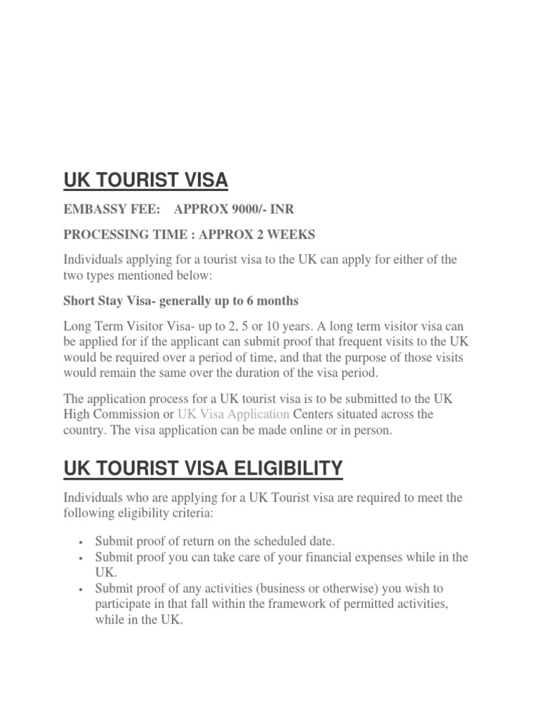 Uk Tourist Visa: Embassy Fee: Approx 9000/-Inr Processing Time: Approx ...