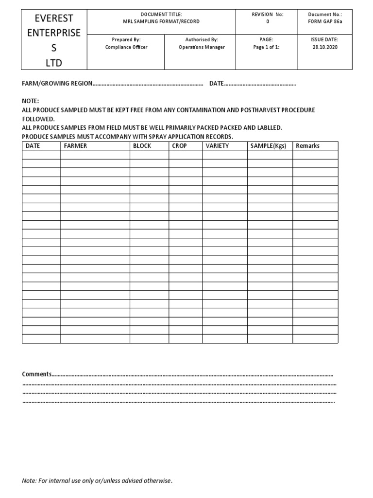 Everest Enterprise S LTD: Document Title: MRL Sampling Format/Record ...