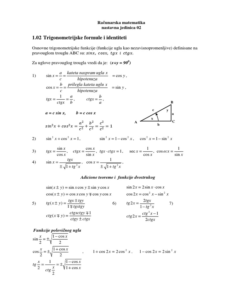 02 Trigonometrijske Formule I Identiteti | PDF