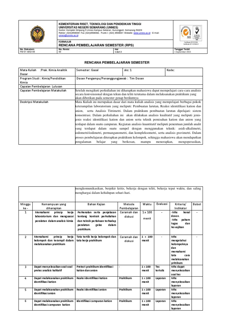RPS Prak Kimia Analitik Dasar | PDF