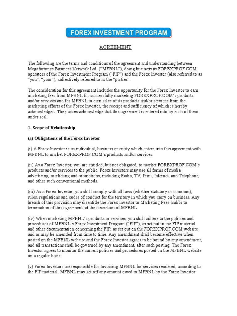 Forex Investor Agreement | Indemnity | Payments