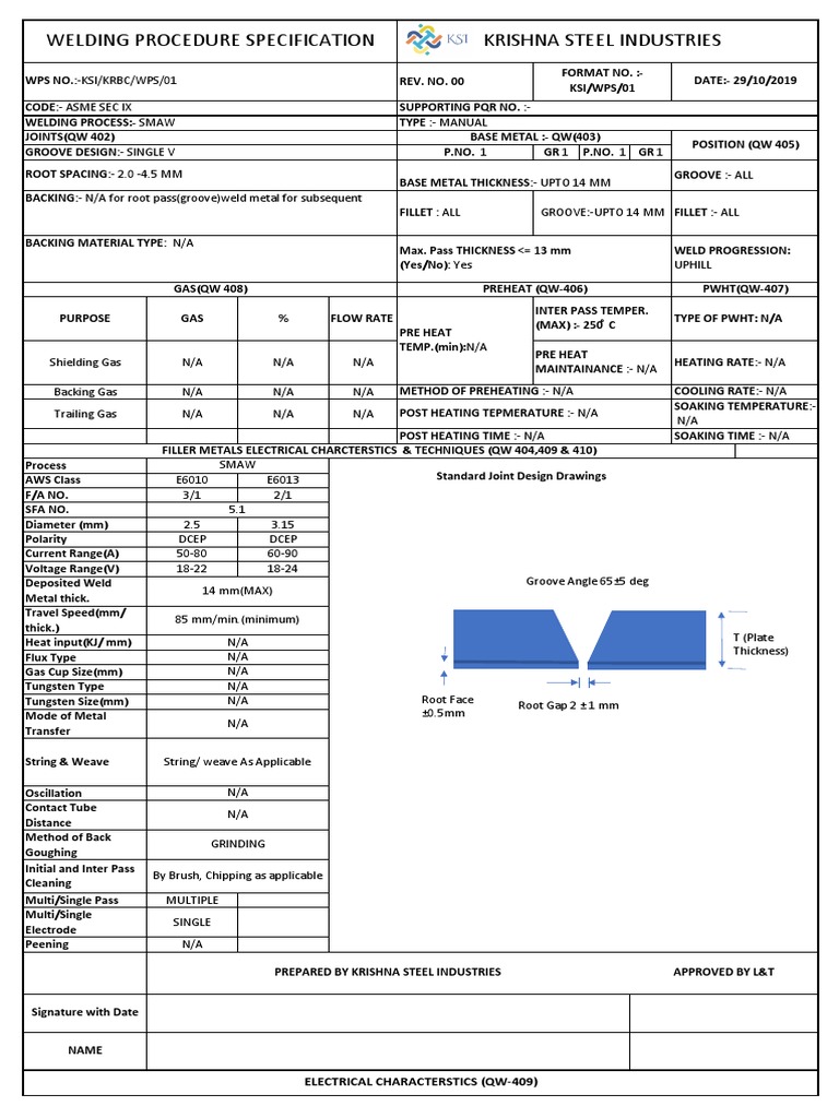 Welding Procedure Specification Krishna Steel Industries: Electrical ...