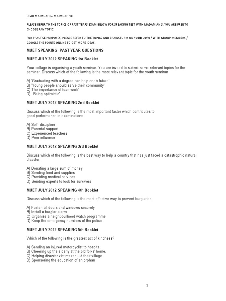 Muet Speaking Past Year Questions | PDF | Test (Assessment) | Adolescence