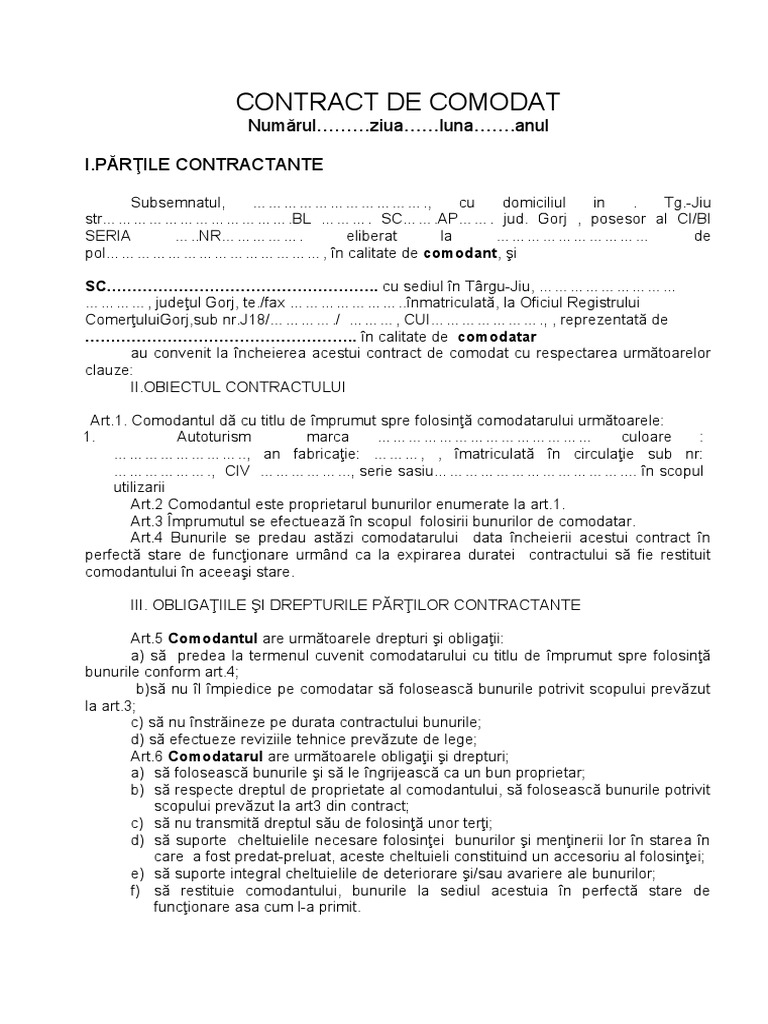 Contract de Comodat Auto | PDF