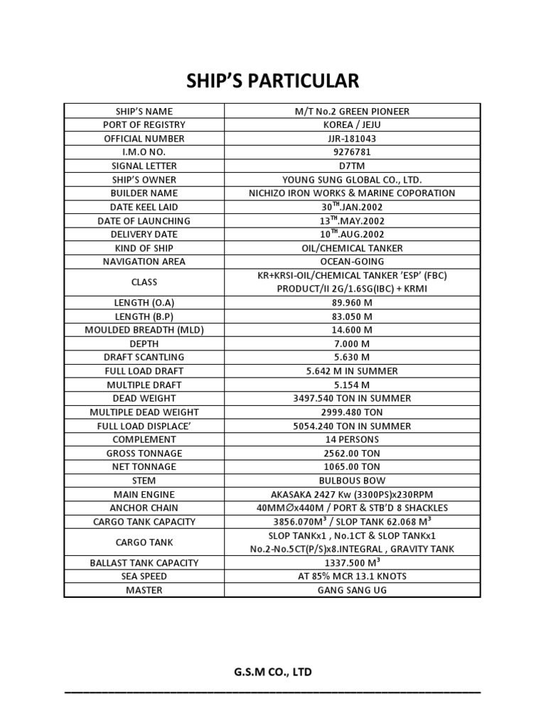 Ship'S Particular: G.S.M Co., LTD | PDF