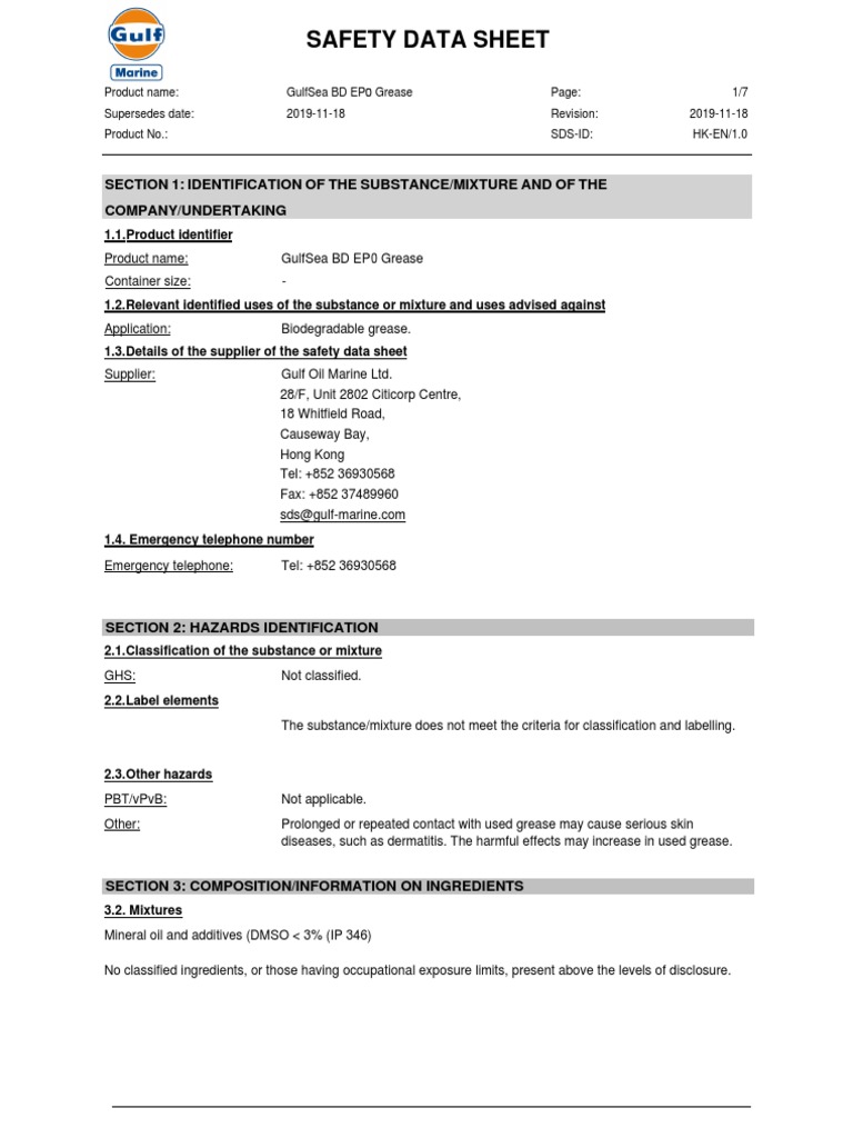 GulfSea BD EP0 Grease Safety Data Sheet | PDF | Dangerous Goods ...