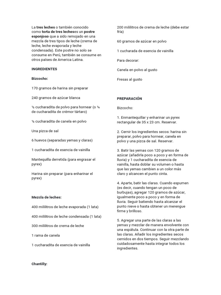 Receta de Torta Tres Leches | PDF | Postres | Crema