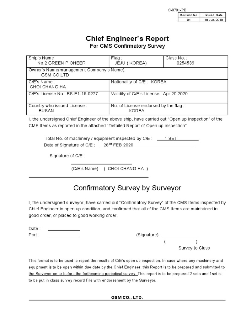 S-0701-PE Chief Engineer's Report | PDF | Bearing (Mechanical) | Ships