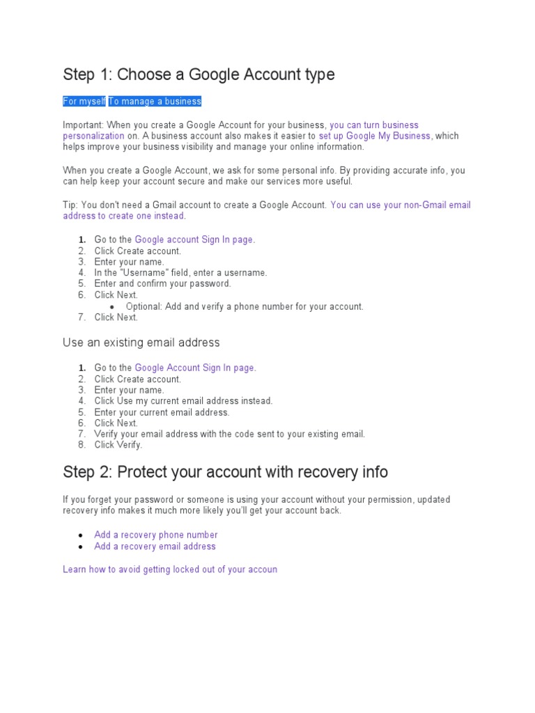Step 1: Choose A Google Account Type: Use An Existing Email Address | PDF