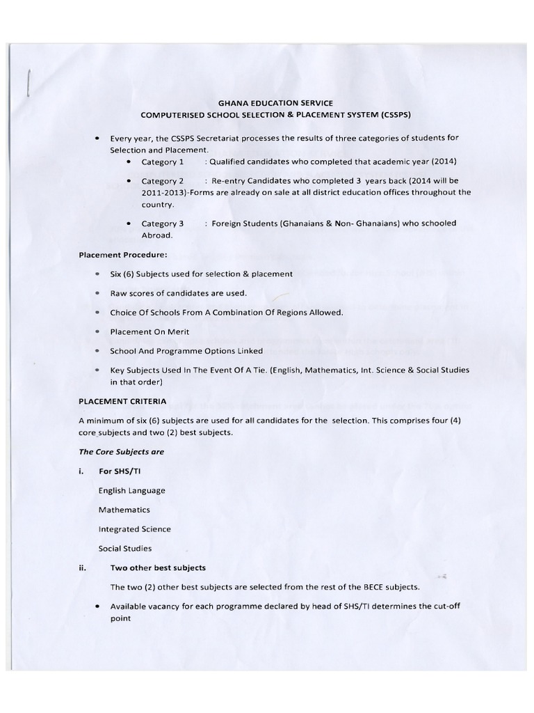 Ghana Education Service Computerised School Selection & Placement ...