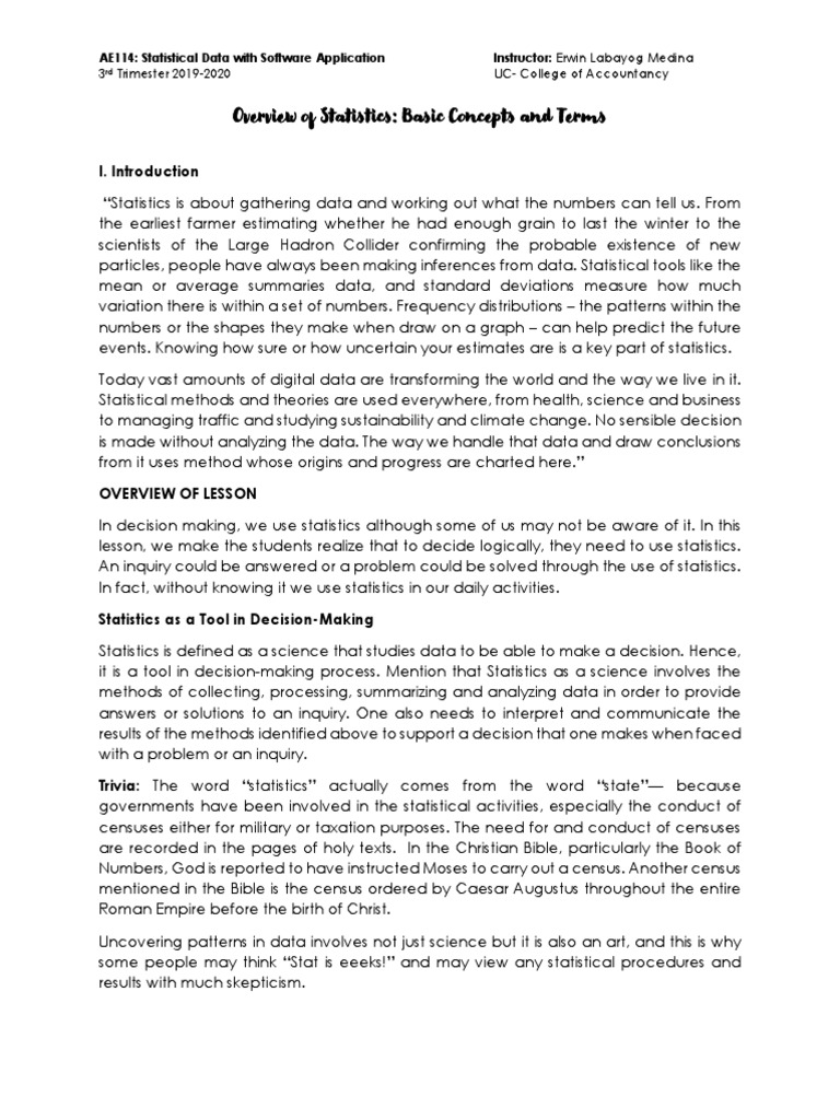 1 Overview of Statistics Basic Concepts and Terms | PDF | Level Of ...