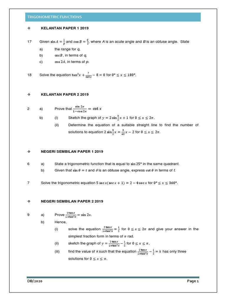 SPM AddMath Trigonometric Functions | PDF | Trigonometric Functions | Equations