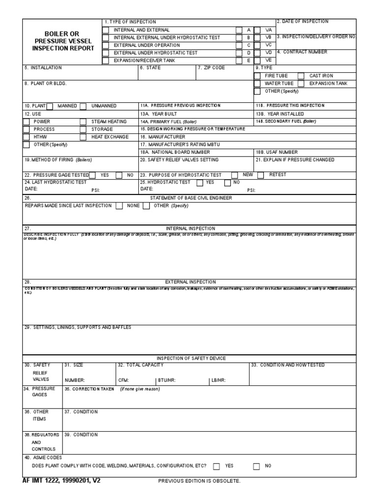 Forhtml - Af Imt Form 1222 Boiler or Pressure Vessel Inspection Report ...