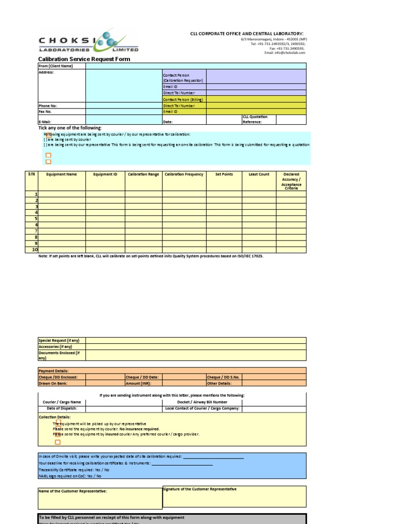 Calibration Service Request Form | PDF | Calibration | Cheque
