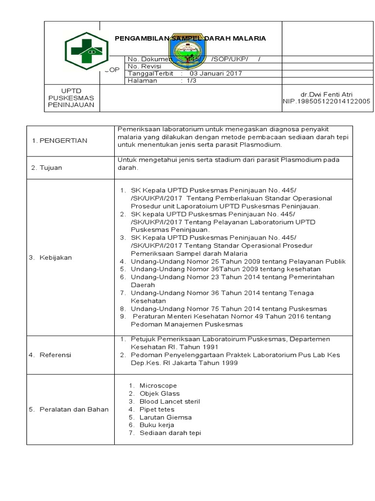 SOP Pemeriksaan Sampel Darah Malaria | PDF | Sains & Matematika