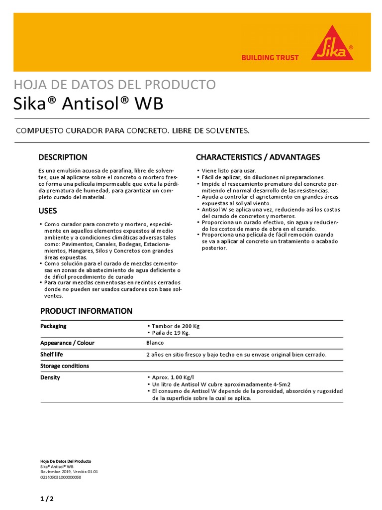 Sika Antisol WB | Descargar gratis PDF | Hormigón | Ingeniería de Edificación