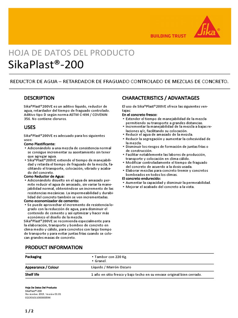 Sikaplast - 200 | PDF | Hormigón | Sustancias químicas