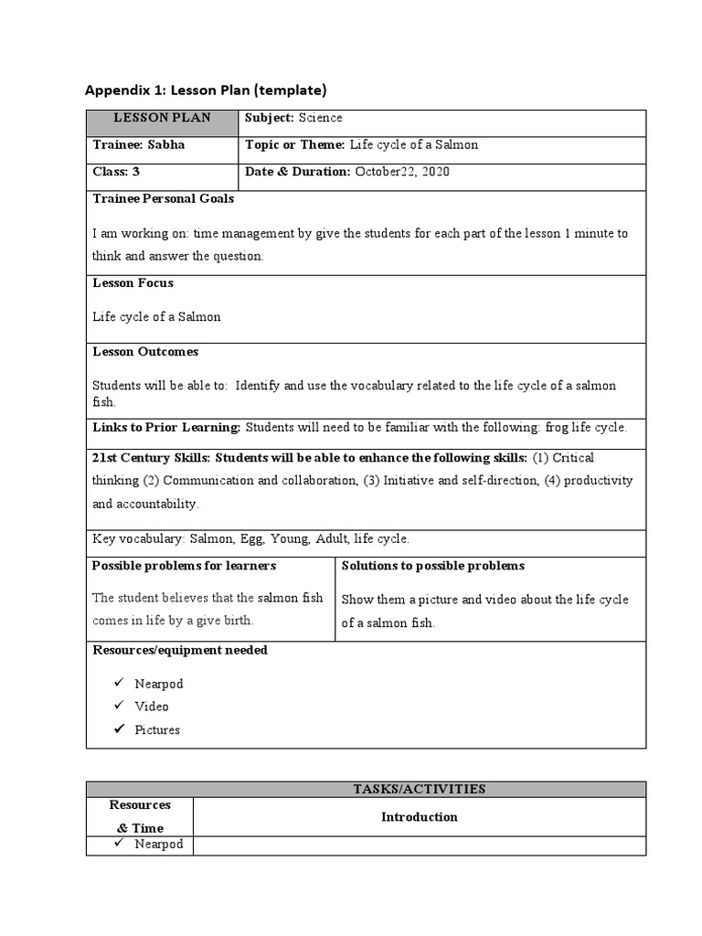 Appendix 1: Lesson Plan (Template) : The Student Believes That The ...