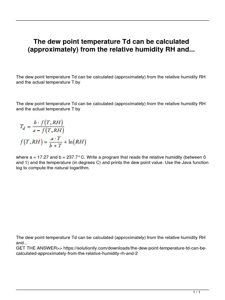 The Dew Point Temperature TD Can Be Calculated Approximately From The ...