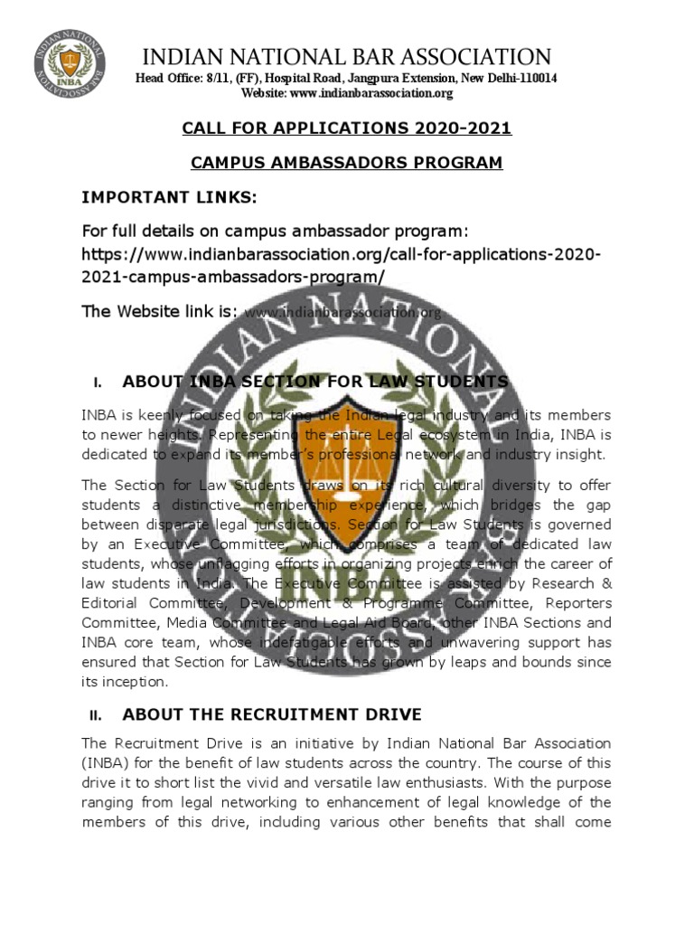 CAMPUS AMBASSADORS PROGRAM - Call For Applications - Docx 2020-2021 | PDF | Bar Association | Law