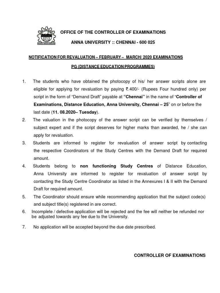 Office of The Controller of Examinations Anna University:: Chennai ...