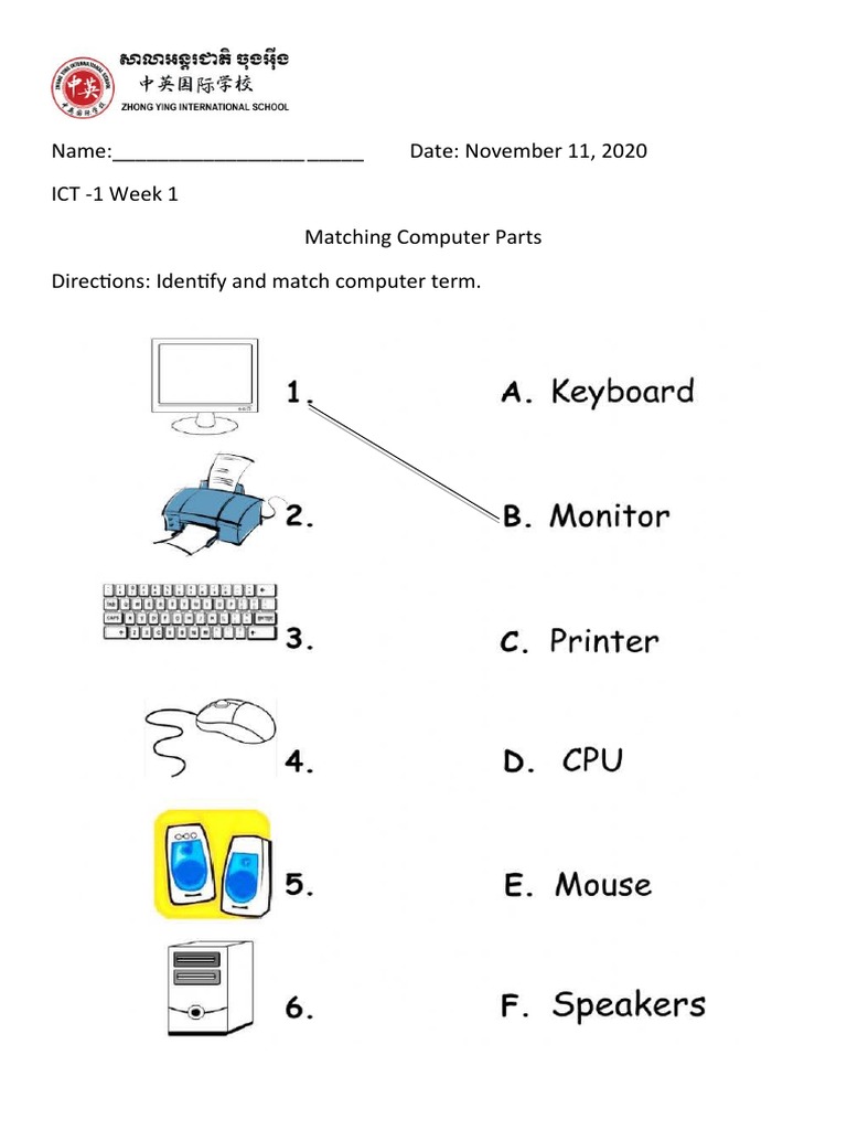 Name: - Date: November 11, 2020 ICT - 1 Week 1 Matching Computer Parts ...