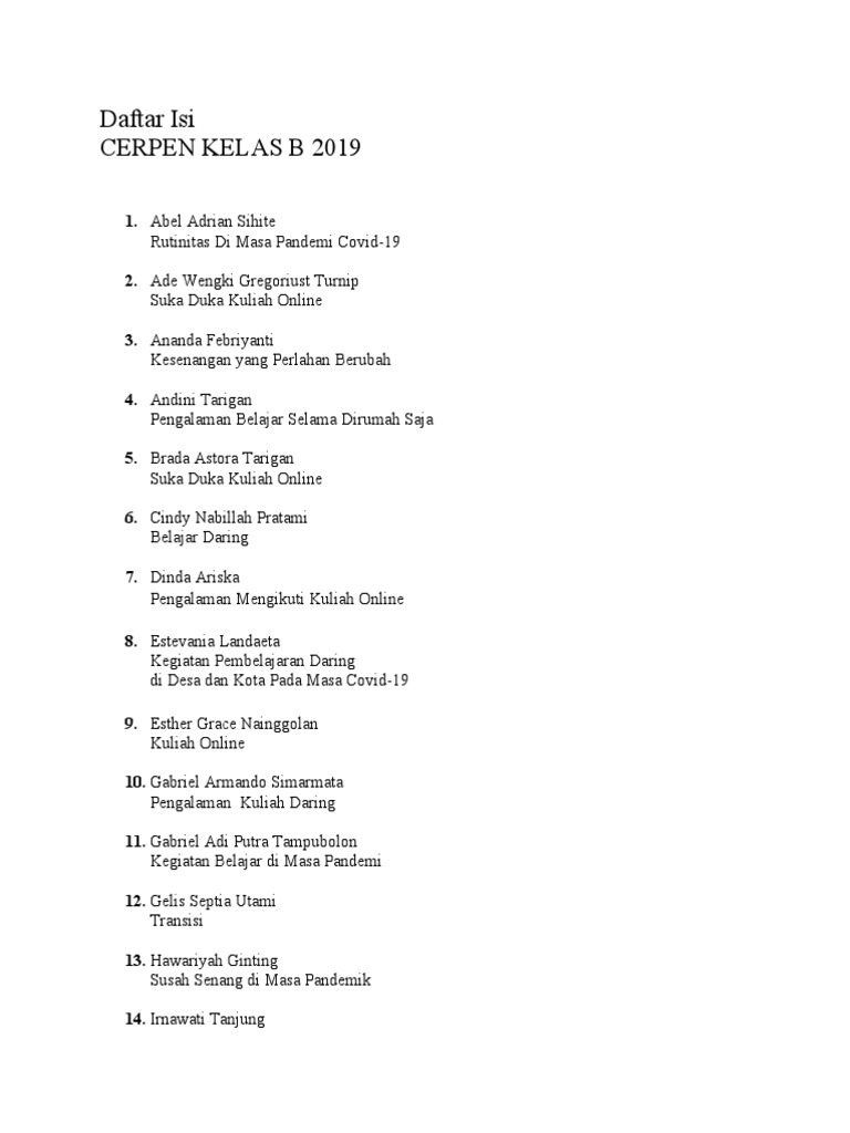 Daftar Isi CERPEN KELAS B 2019 | PDF