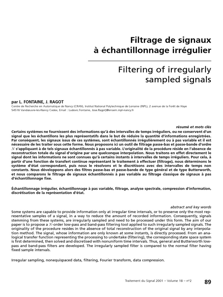 Filtrage de signaux à échantillonnage irrégulier | PDF | Filtre ...