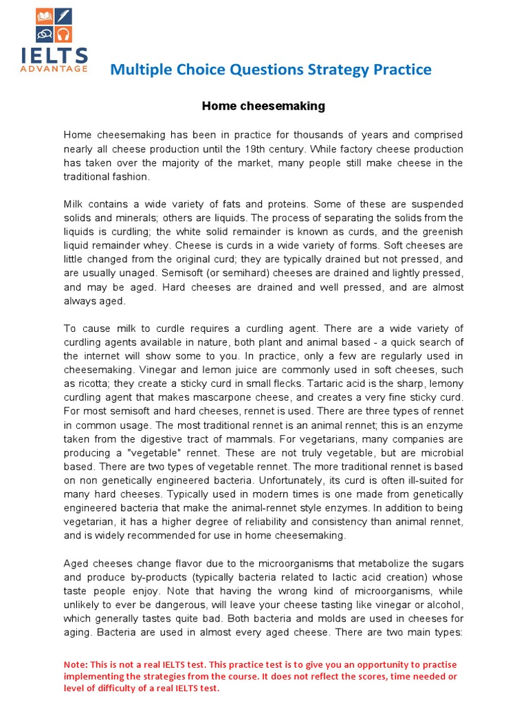 Multiple Choice Questions Strategy Practice: Home Cheesemaking | PDF ...